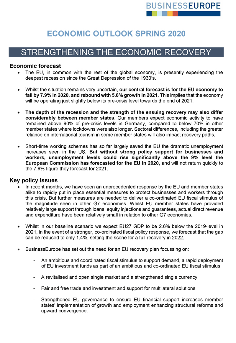 BusinessEurope Economic Outlook Spring 2020 - Strengthening the ...